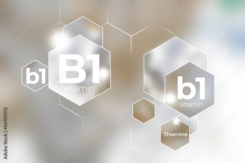 Molecular model of vitamin B1, Thiamine. Hexagons with Vitamin B1 name ...