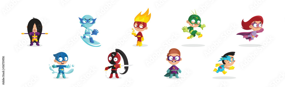 Kid Characters in Bright Superhero Costumes and Masks Vector Set Stock ...