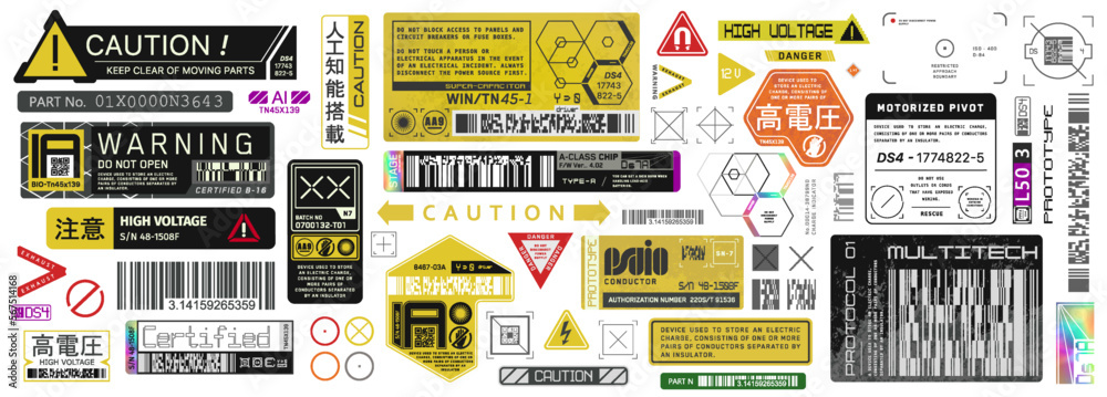 Cyberpunk decals set. Set of vector stickers and labels in futuristic ...
