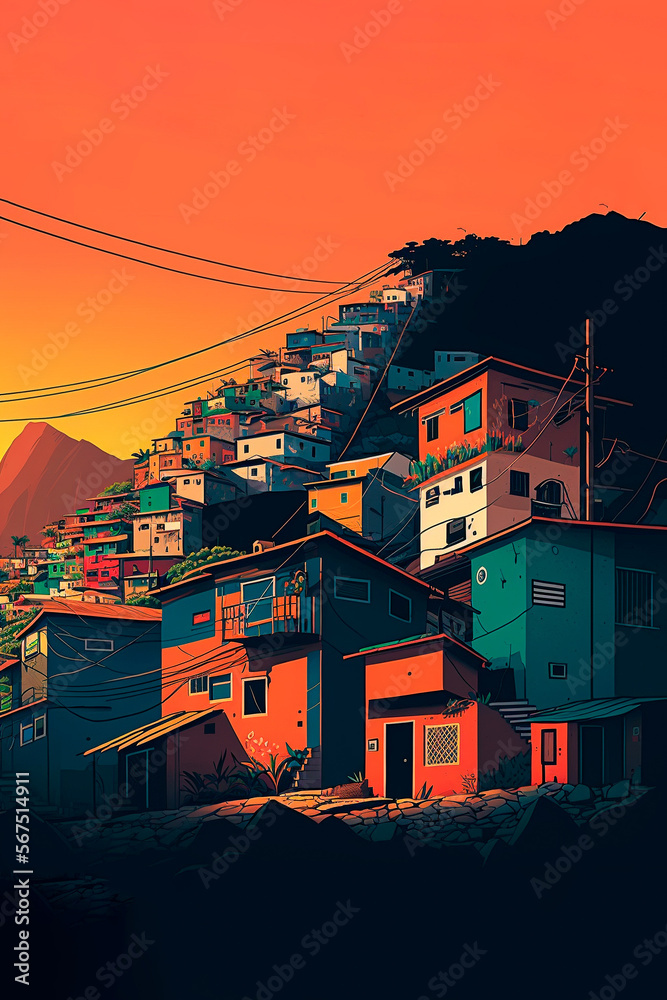 Favela Brazil illustration, sunset rio Janeiro community ilustração do ...