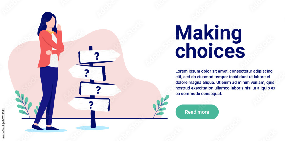 Making choices - Woman trying to make decision in front of crossroad ...