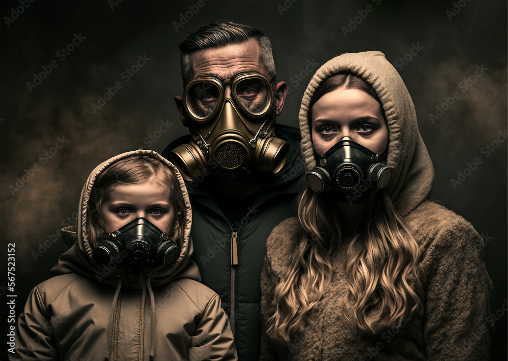 Family of father, mother and girl with gas mask depicting consequences ...