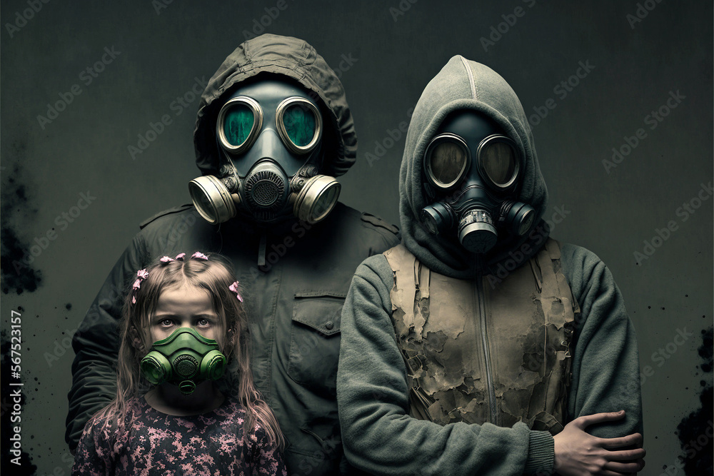 Family of father, mother and girl with gas mask depicting consequences ...