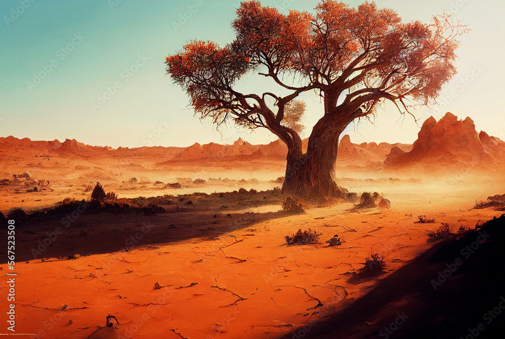 Drought around. Sunburnt earth cracked. Trees died.. Stock Illustration | Adobe Stock