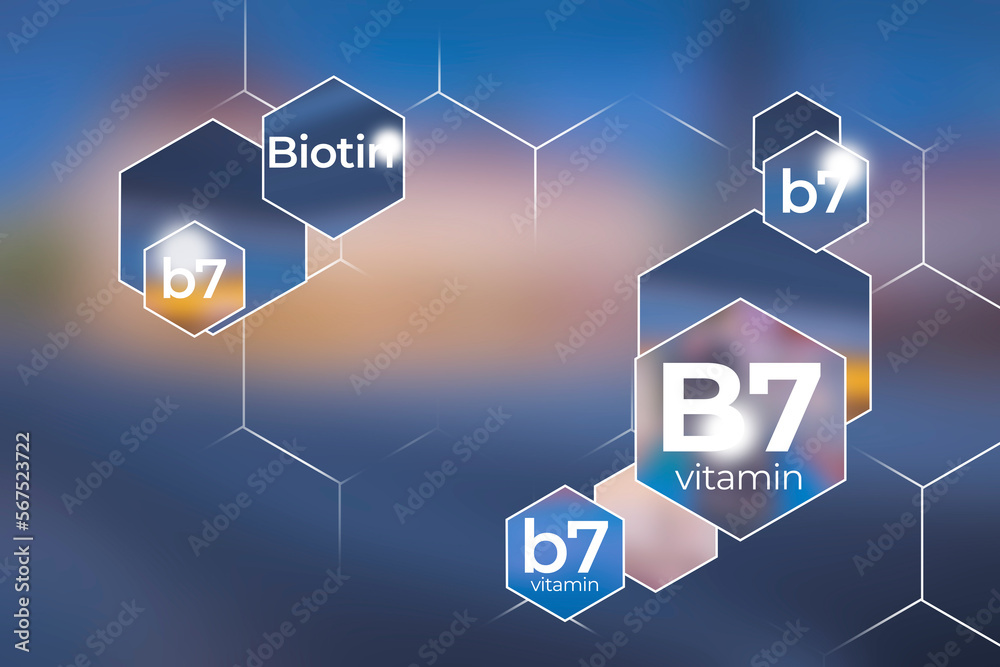 Molecular model of vitamin B7. Hexagons with Vitamin B7 name, blurry ...