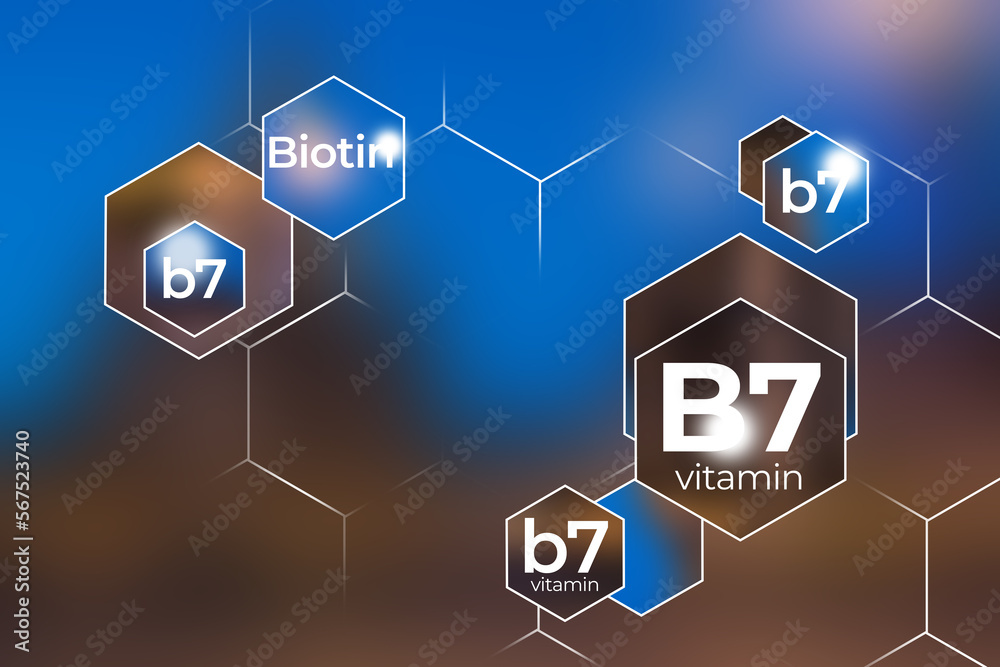 Molecular model of vitamin B7. Hexagons with Vitamin B7 name, blurry ...