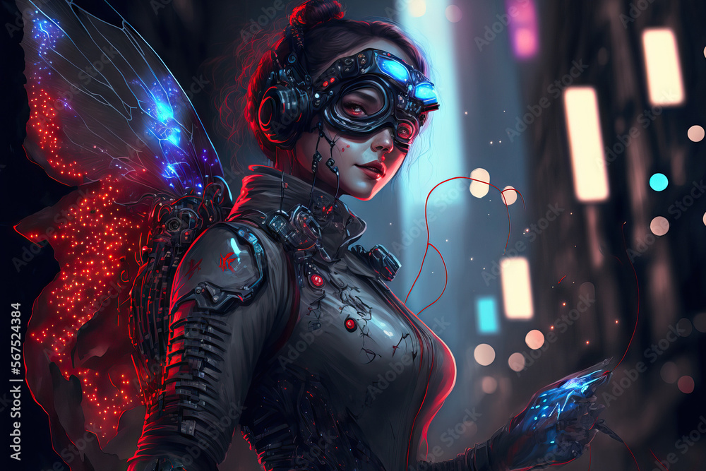 Illustration of a sci fi cyborg woman looking at a bright butterfly ...