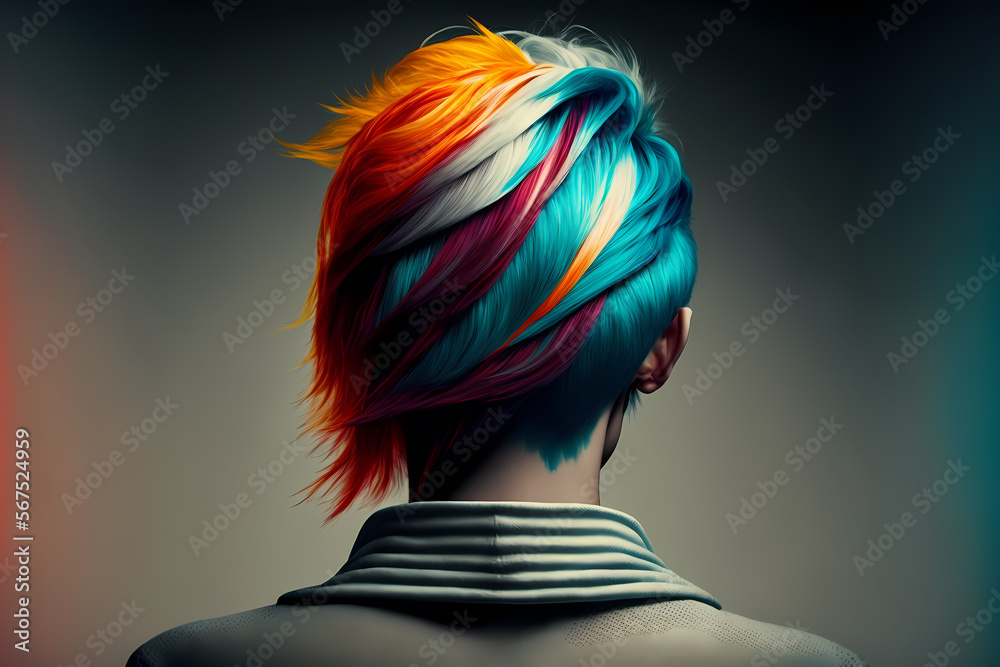 Back view beautiful woman with creative hairstyle multi colored hair ...