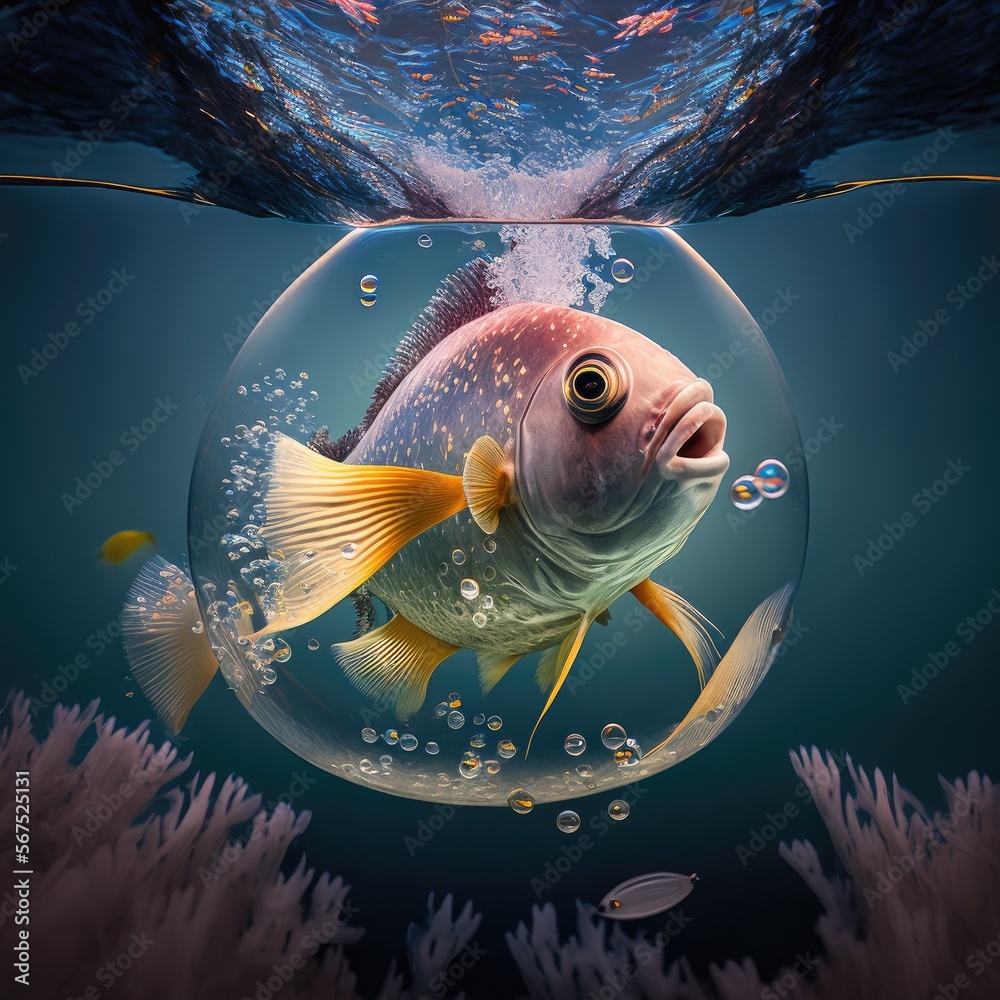 Fish swimming under the water in a water bubble , AI generated ...