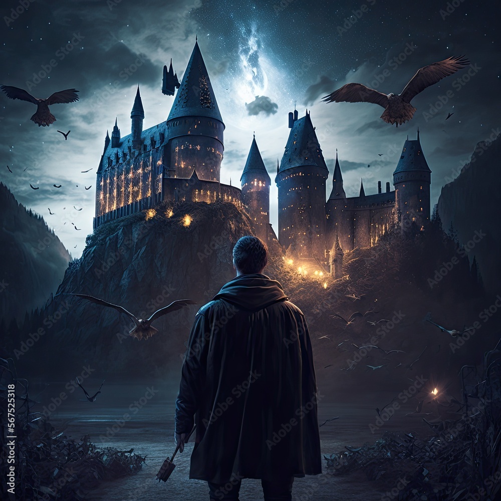 Harry Potter standing in front of Hogwarts with owls flying around him ...