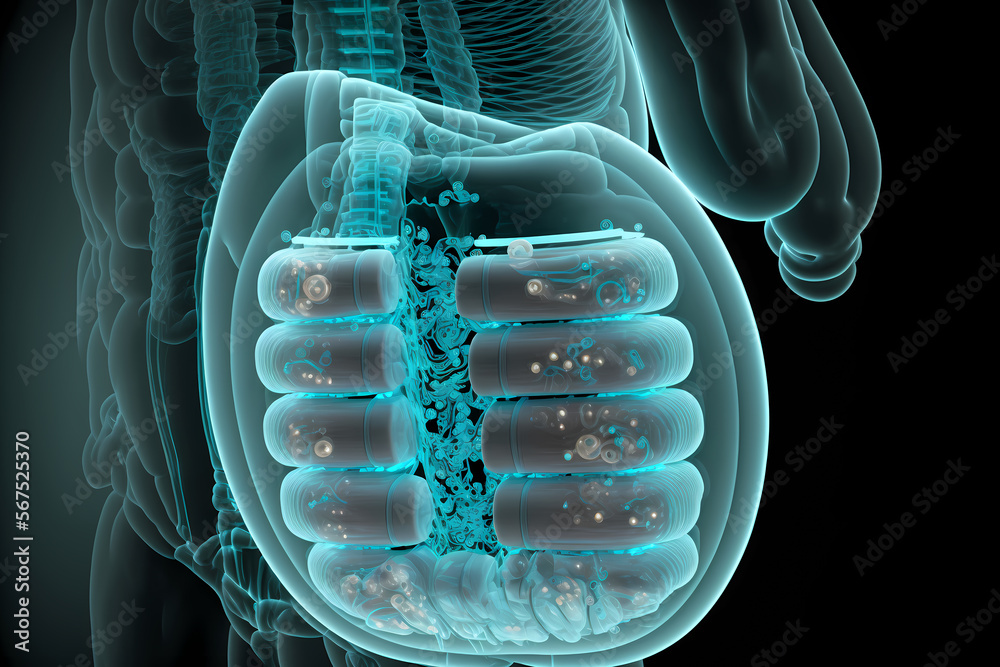 Security xray Shot of human smuggler transporting drugs in intestines ...