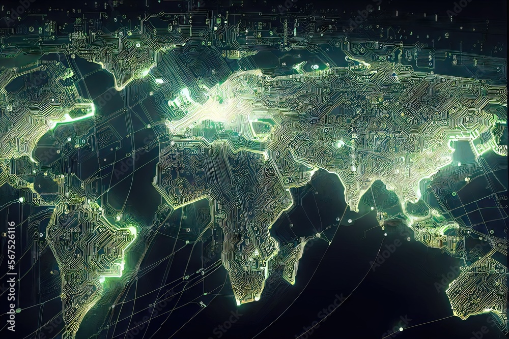 Digital overlay of the global map - map of the earth with digital ...