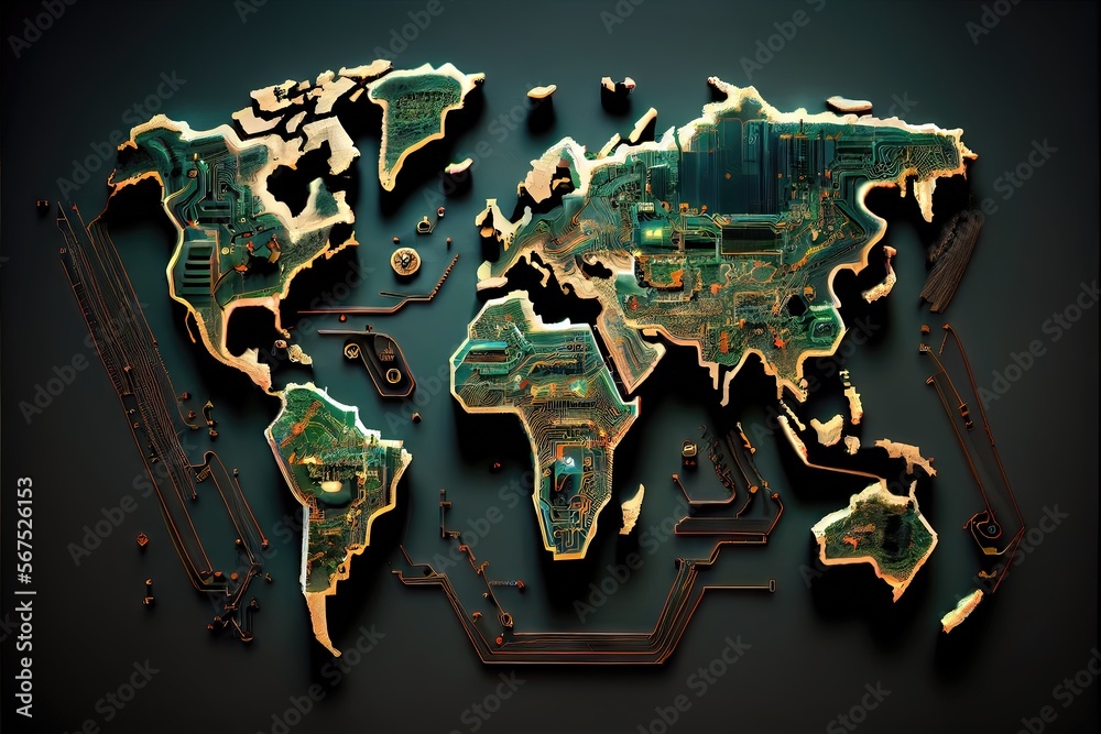 Global map of the earth made of printed circuit board (PCB ...