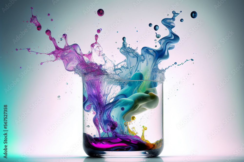 closeup of a glass in a chemical reaction with different colored ...