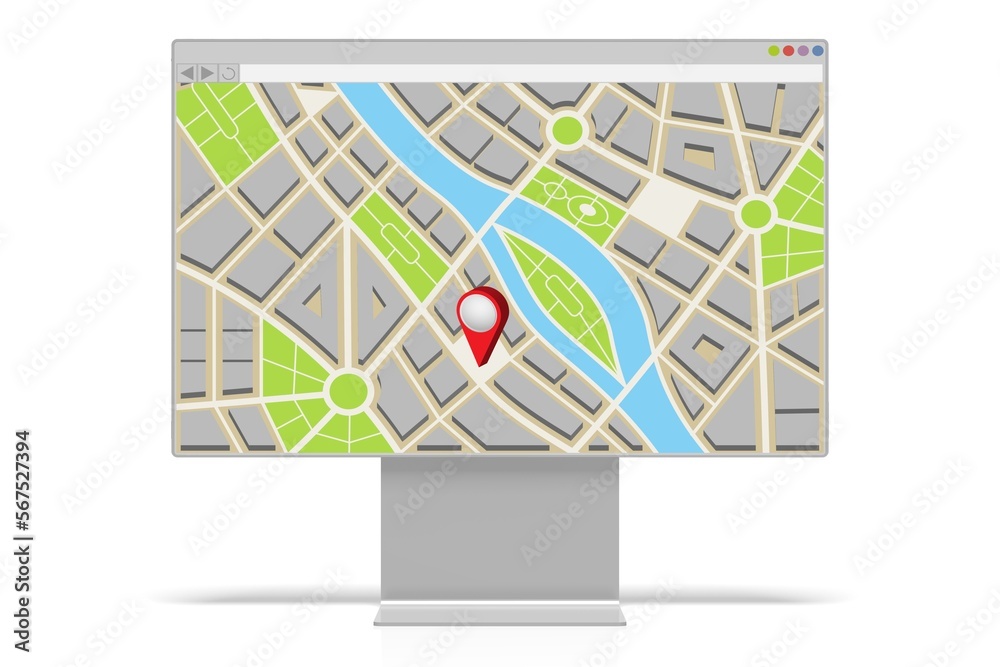 City map with location pin on computer monitor - 3D illustration Stock ...