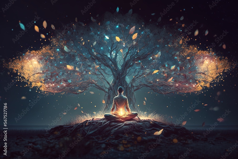 Human sitting in a meditation position under a tree. Light Particles ...