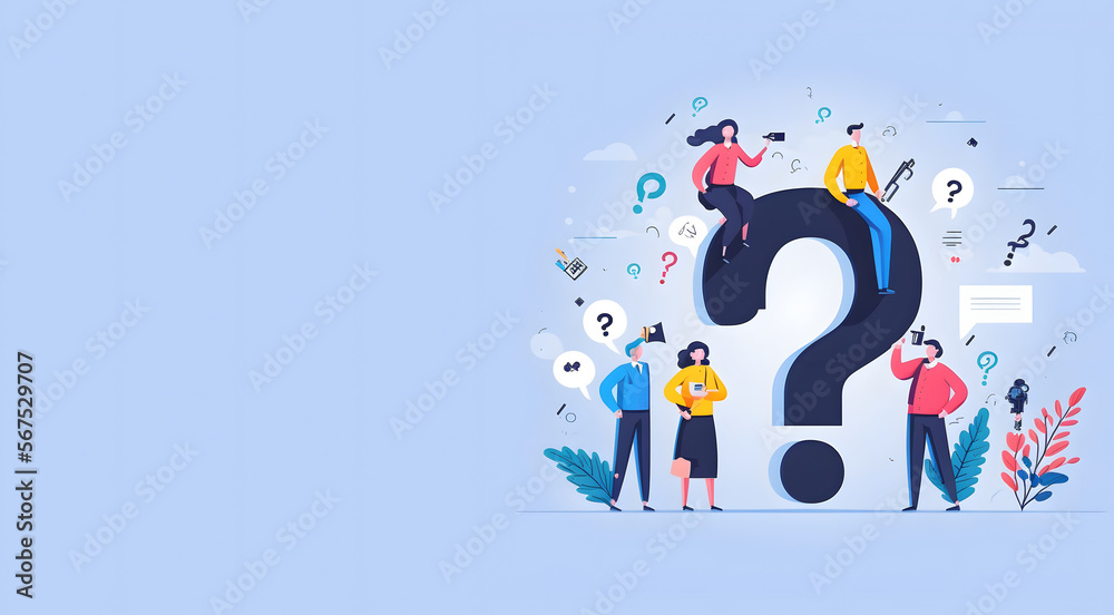 Q and A or FAQ concept with tiny people characters, big question mark ...