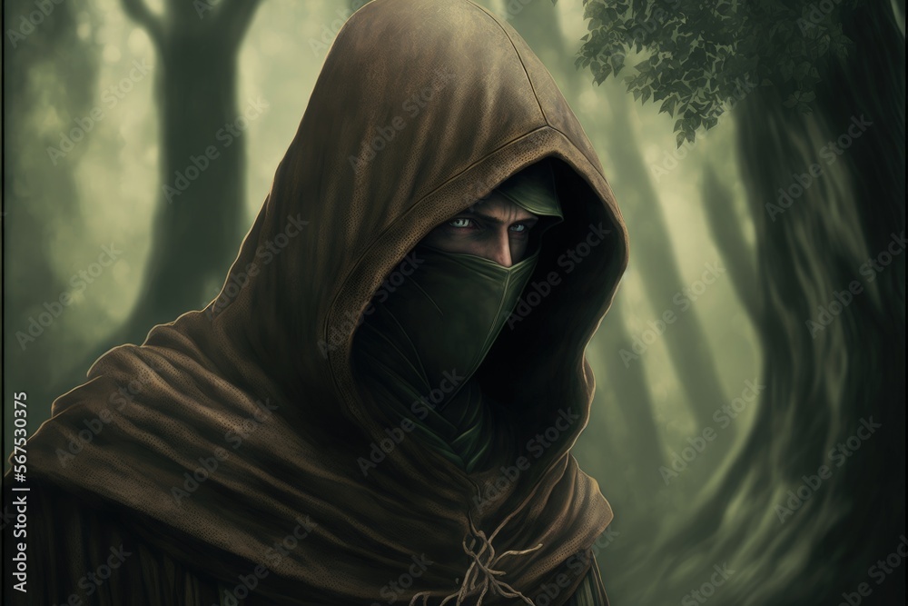 Green hooded archer with forest background. Generative AI Stock ...