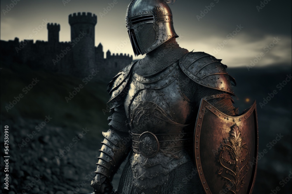 Medieval knight with armor, castle guard, castle in the background ...