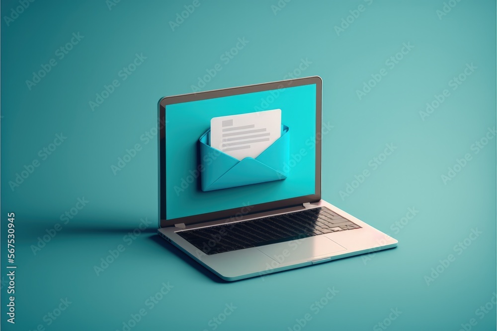 Email icon illustration on laptop screen, blue background. Generative ...
