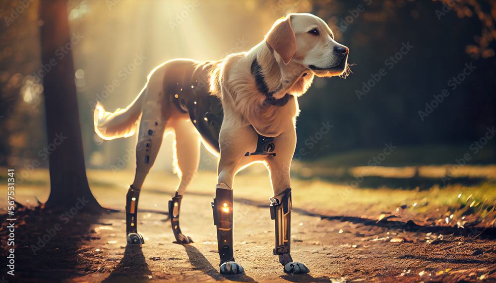 Dog with exo prosthesis legs and exoskeleton in park. Generative AI ...