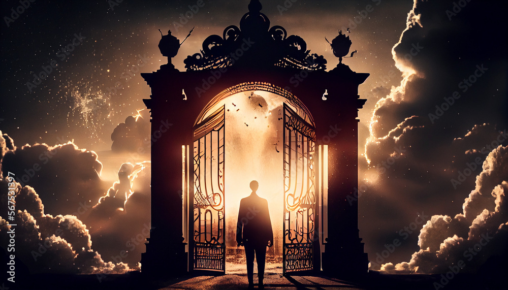 Silhouette of man against heaven gates. Generative AI Stock ...