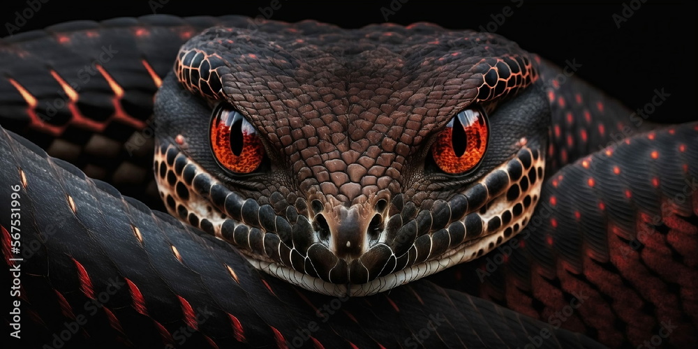 tête de serpent aux yeux rouges, en gros plan sur fond noir ...