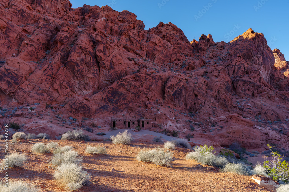 Colorful red sandstone formations shown at Valley of Fire in Nevada ...