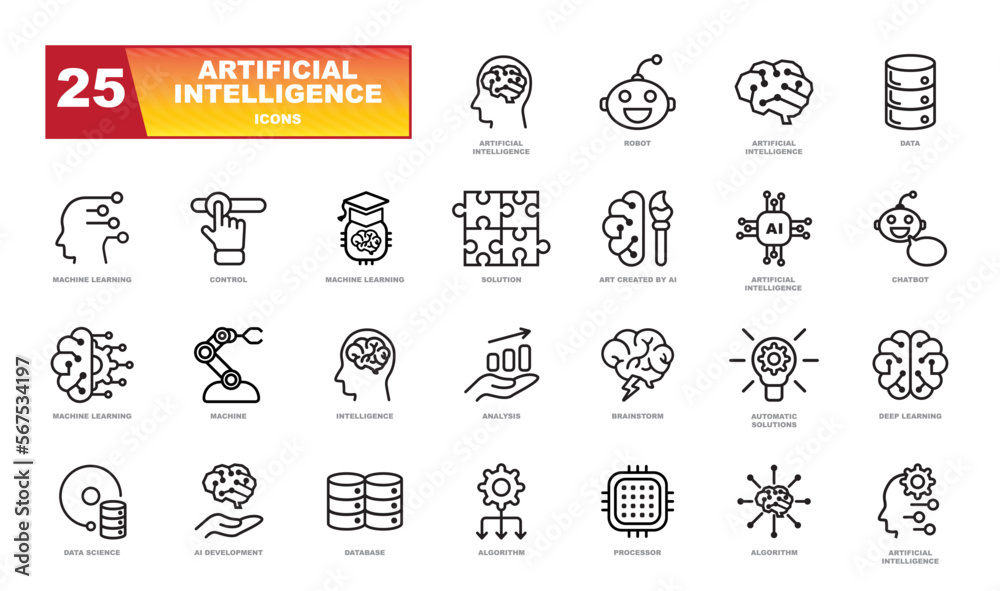 Artificial intelligence line icons. thin outline icon set with machine learning, smart robotic ...