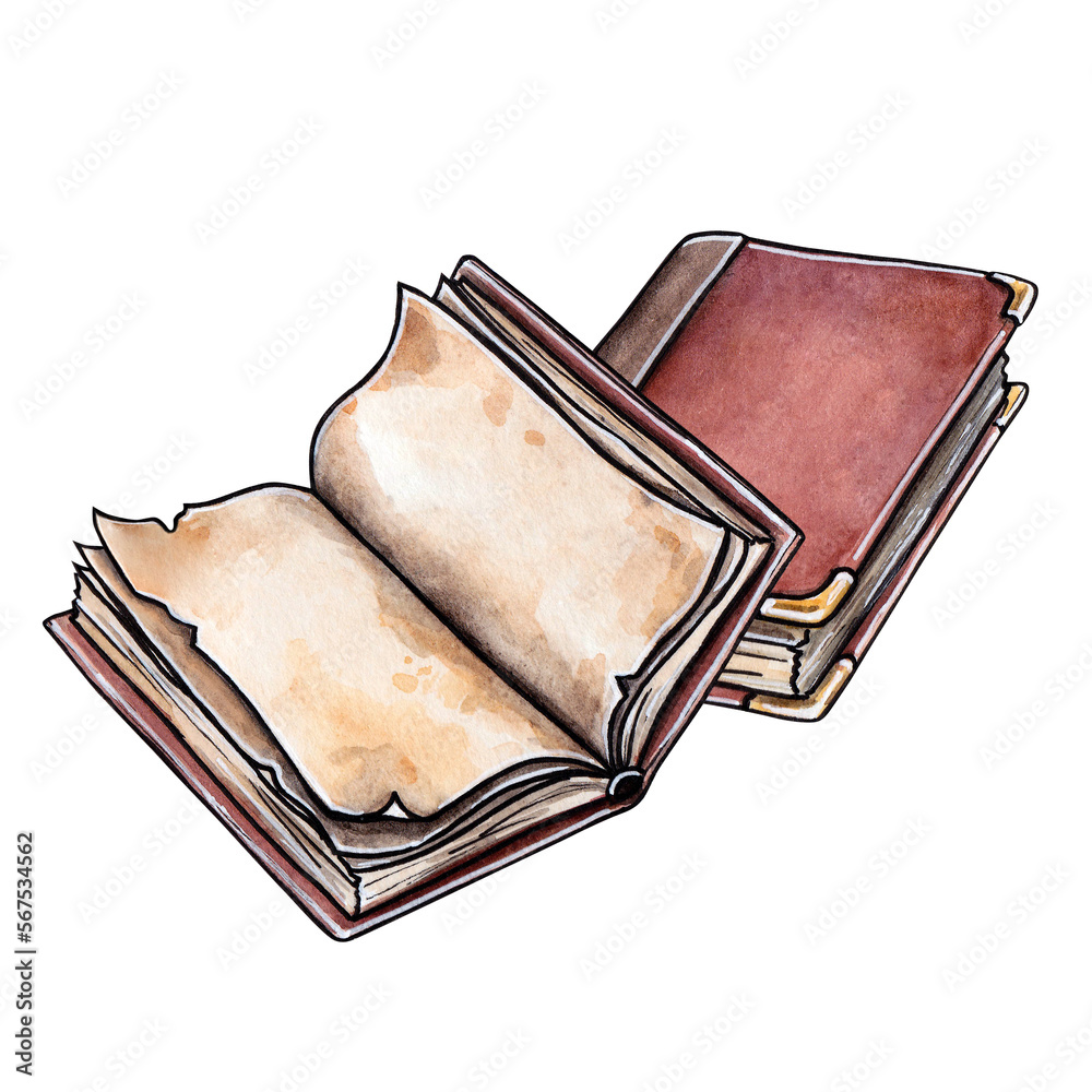 Watercolor illustration of open books. Watercolor hand drawing isolated ...