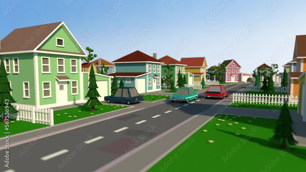 Small cozy town. Cars drive down the street. Low poly animation ...
