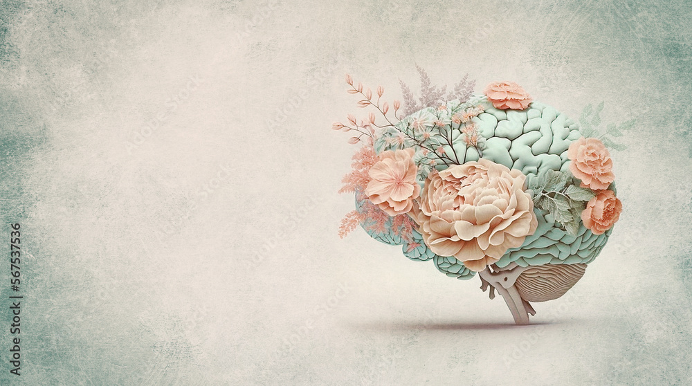 Human brain with flowers, self care and mental health concept, positive ...