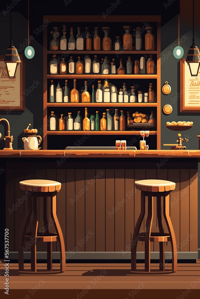 cartoon illustration, bar with beer pumps, wooden counter and bottles ...