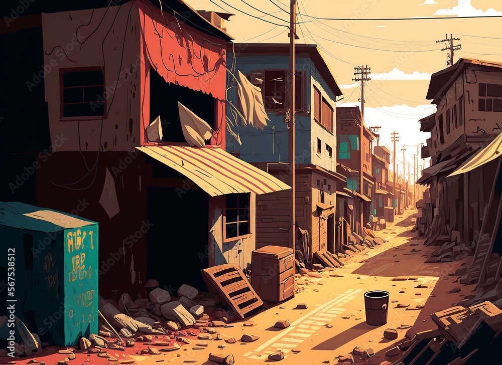 cartoon illustration, ghetto street with poor and dirty houses ...