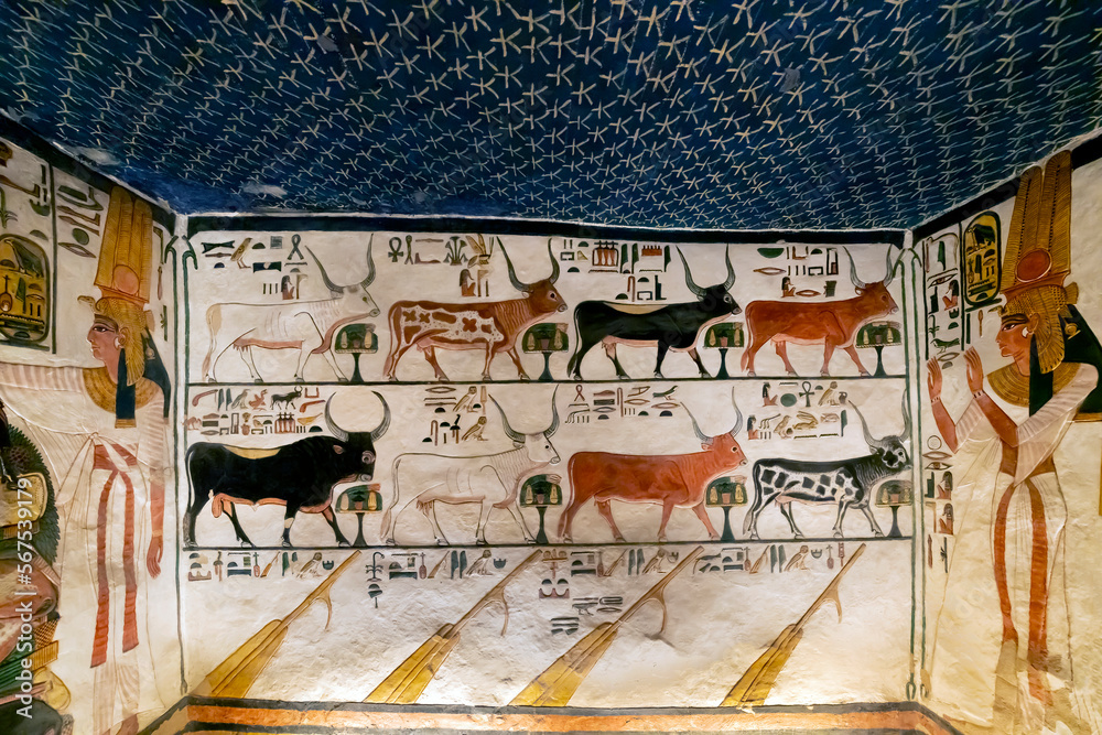 Wall painting of heavenly bull and seven cows; eight mythological ...