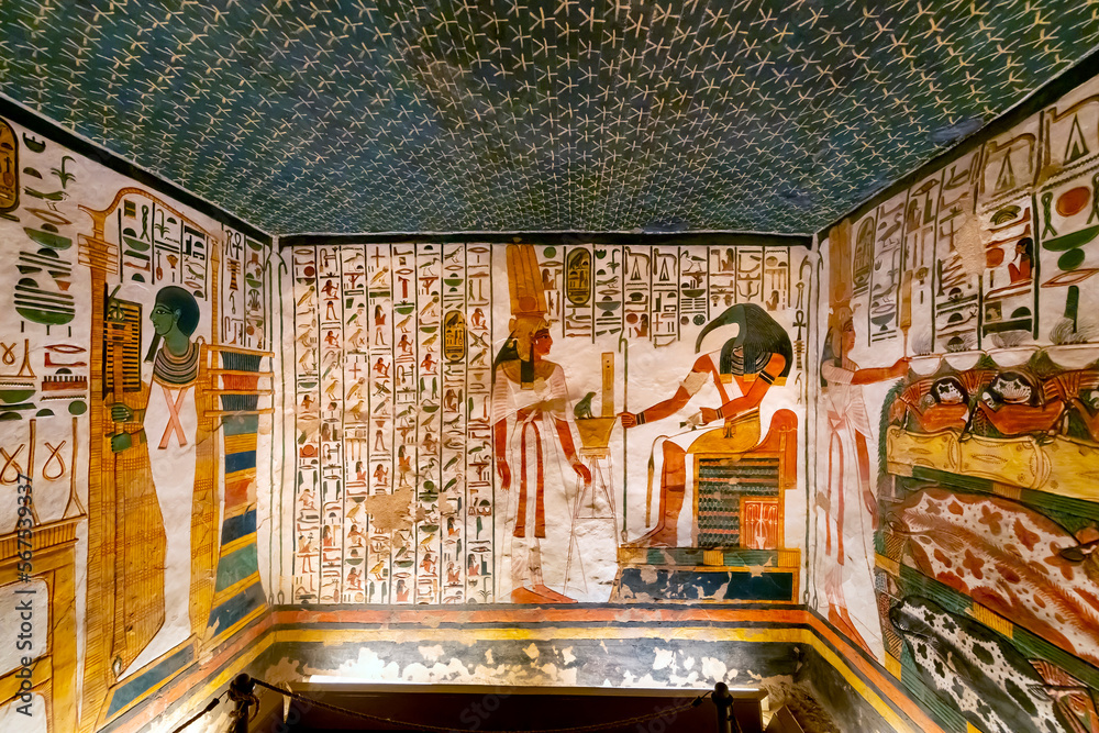General interior view of one of the walls inside Tomb QV66 of Queen ...