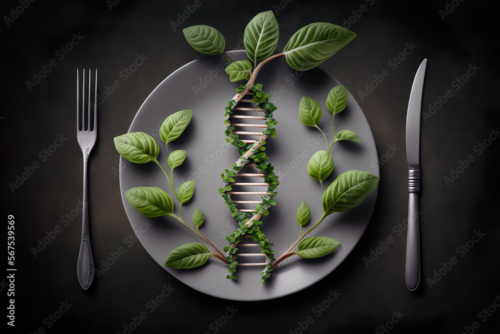 DNA food and genetically modified foods, DNA helix structure on plate ...
