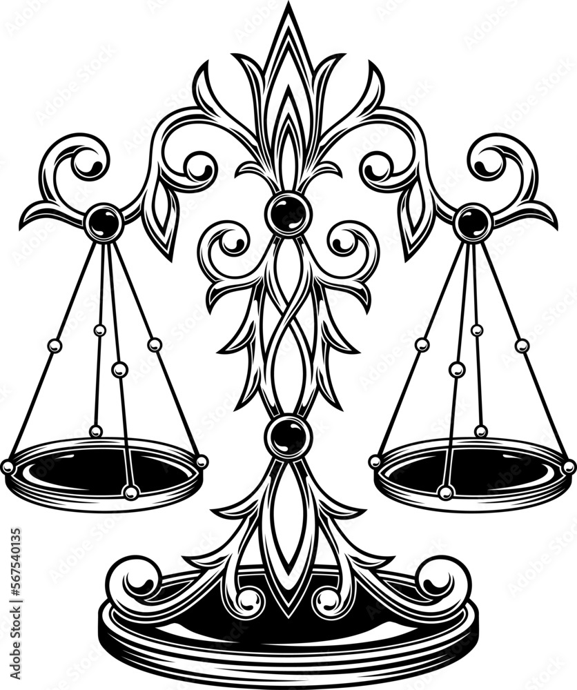 Vintage scales. Zodiac sign Libra. Concept of balance. Antique design ...