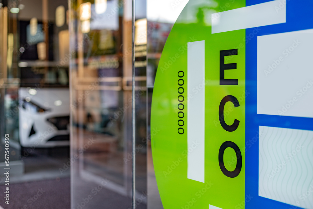 Madrid Spain. Big green eco electric vehicle label on electric car ...