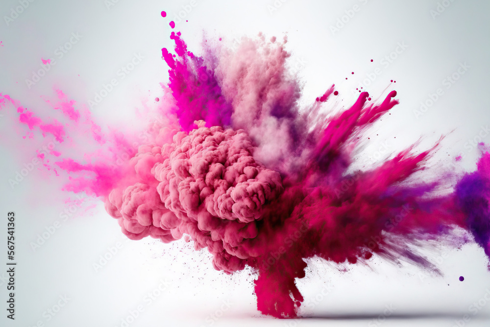 explosion of pink powder against a white background. Color Holi ...