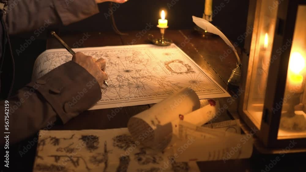 18th century ship's captain using calipers to plot a course on a map ...