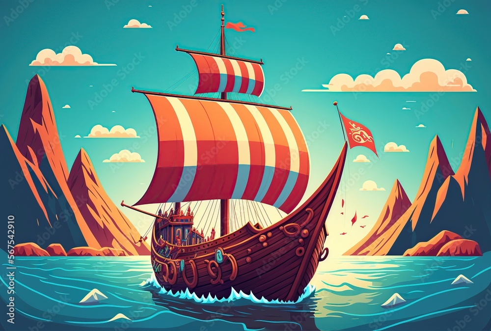 cartoon illustration, an old wooden viking ship sailing in the sea, ai ...