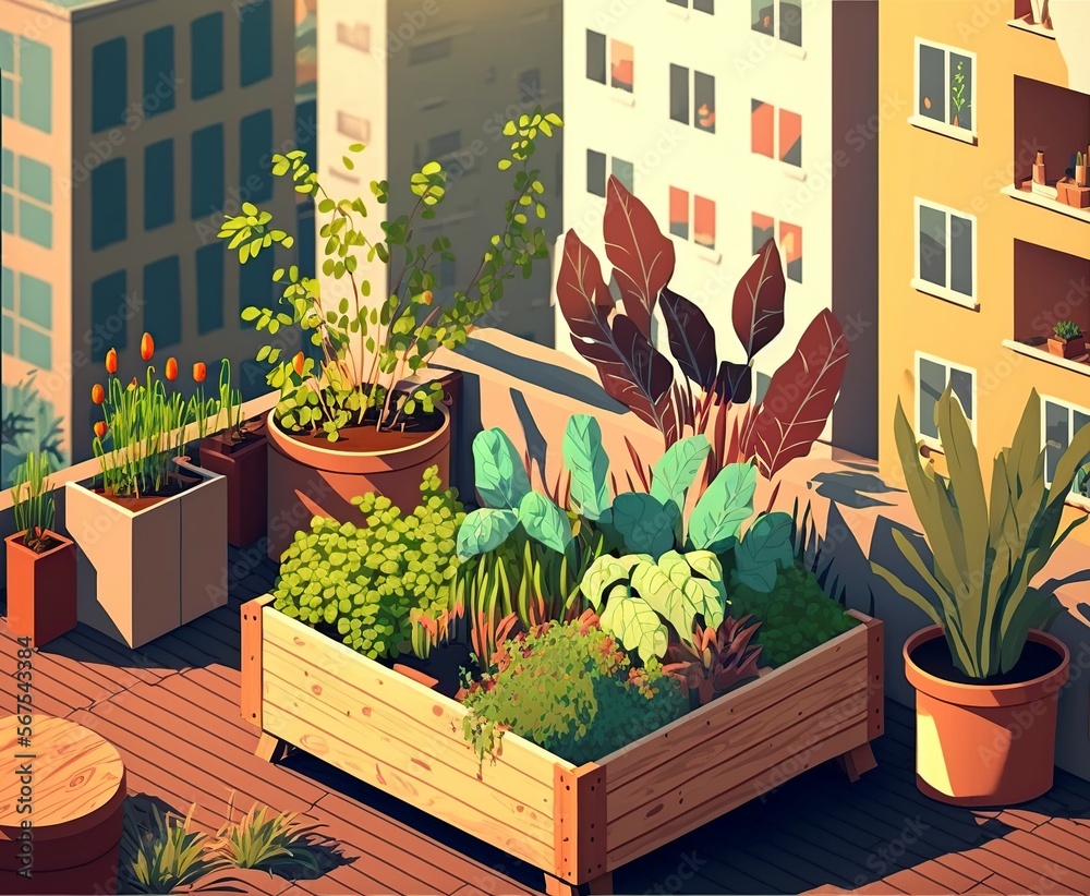 cartoon illustration, urban outdoor rooftop garden, building roof ...