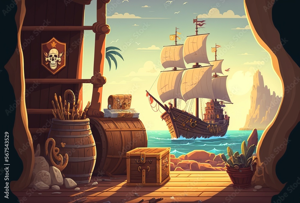cartoon illustration, wooden deck of pirate ship board view, ai ...