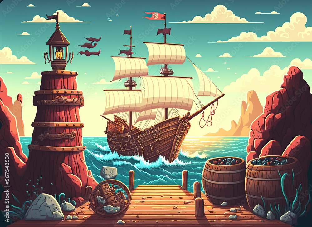 cartoon illustration, wooden deck of pirate ship board view, ai ...