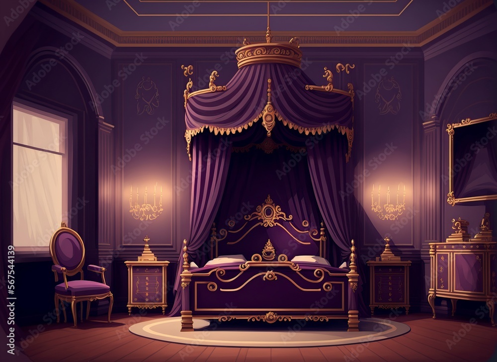 cartoon illustration, king or queen luxury interior bedroom in palace ...