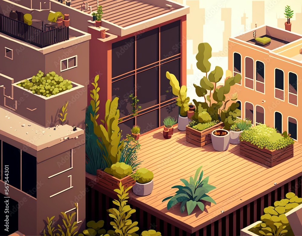 cartoon illustration, urban outdoor rooftop garden, building roof ...
