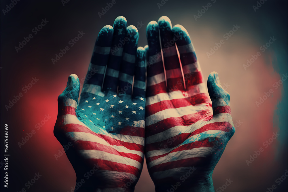 Knuckles of hands painted with the flag of the United States ...