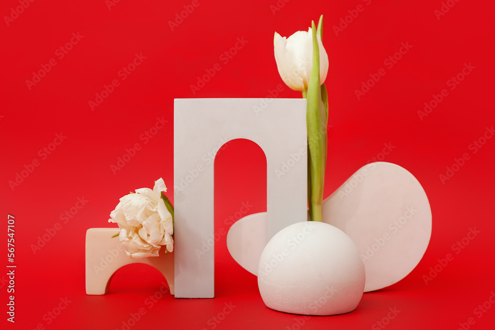 Podiums with white tulips on red background. Hello spring Stock Photo ...