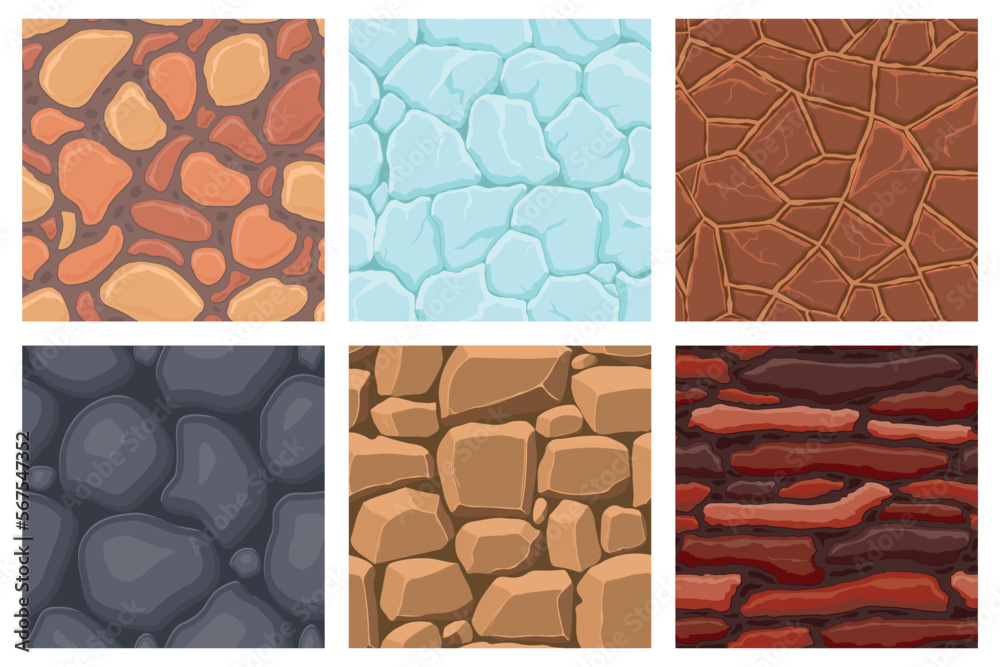 Vetor de Cartoon game textures, lava, ice, rocks and brick, dirt and ...